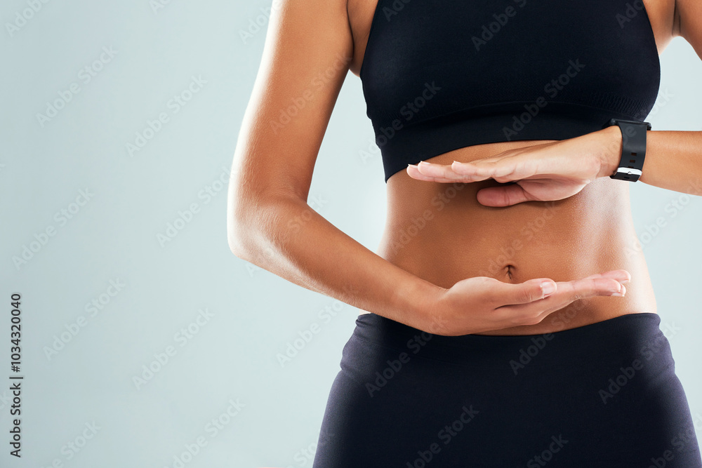 Woman, hands and fitness with stomach for diet, health and wellness on ...