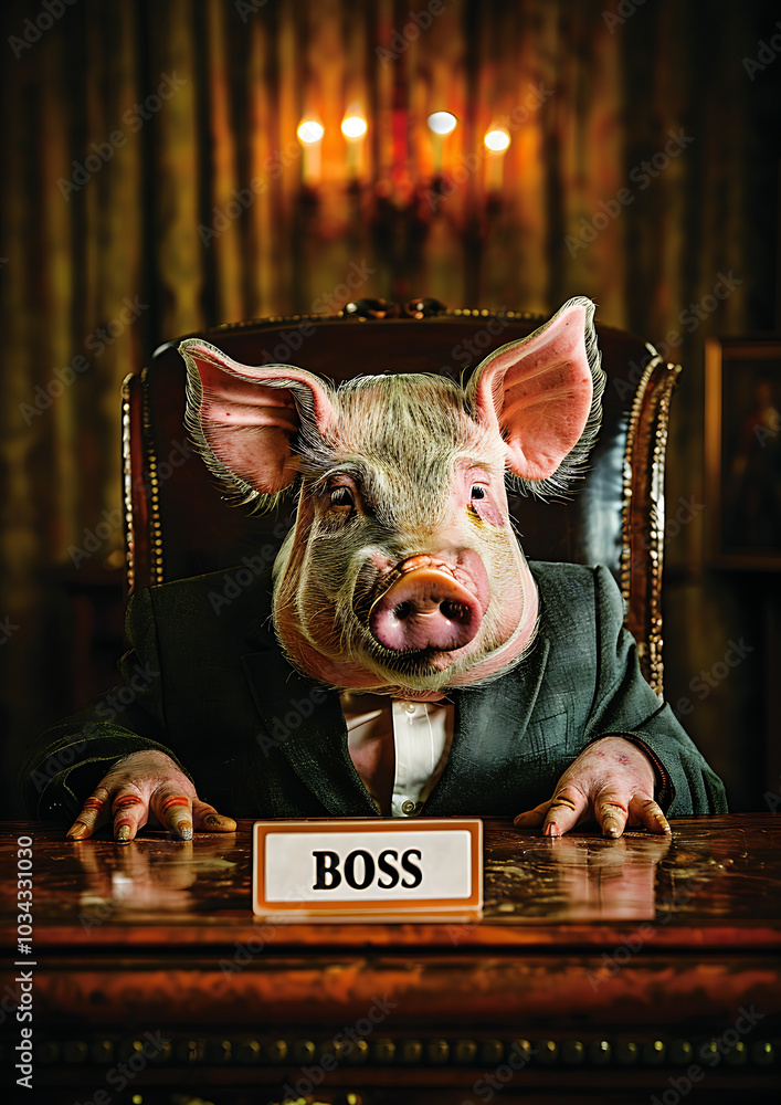 A pig dressed in a business suit sits confidently at a desk, with a ...