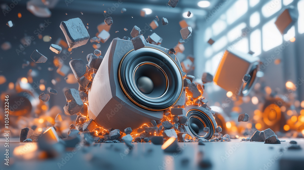 A speaker explodes into a shower of debris, with the speaker's powerful ...