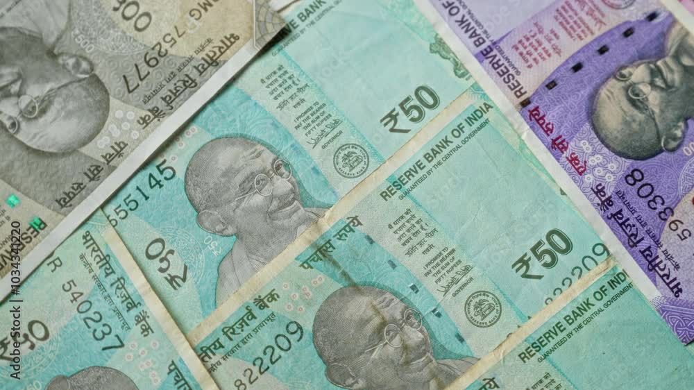 Indian currency banknotes including 50 rupees, 100 rupees, 500 rupees ...