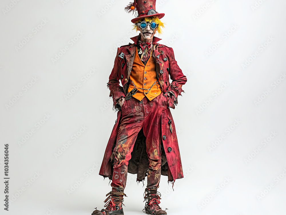 Full body view of a steampunk male mad hatter, wearing a steampunk top ...