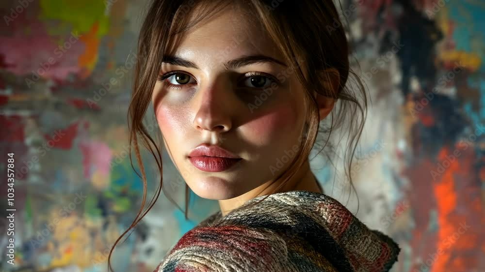 A woman looks over her shoulder, her face lit by the warm light of the ...