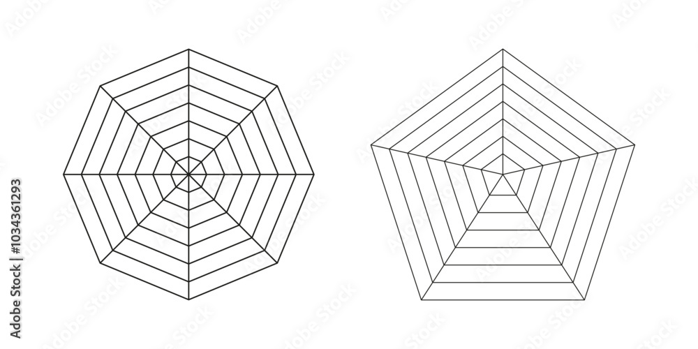Octagon, pentagon radar, spider diagram template. Spider mesh. Diagrams ...