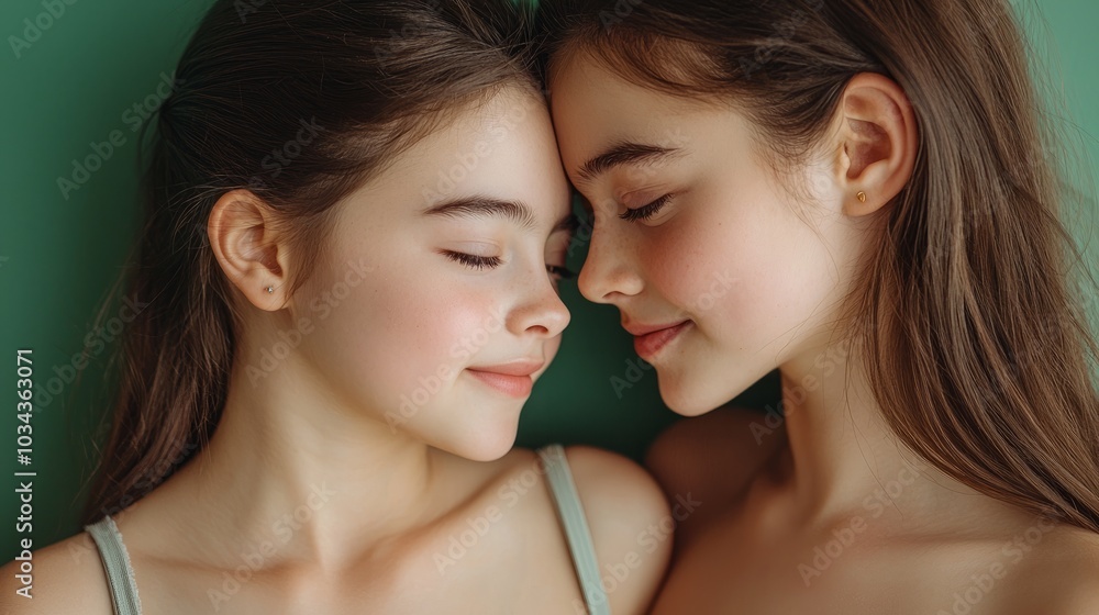 Two young girls with their foreheads touching, their eyes closed in a ...