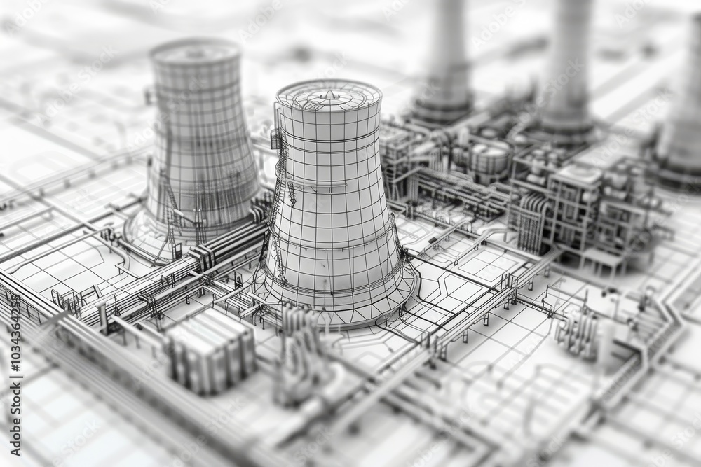 The image showcases a technical blueprint of an industrial power plant ...