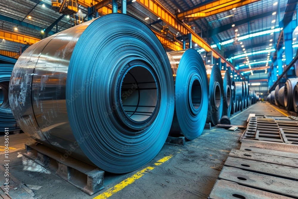 Steel coils are neatly stacked in a large manufacturing facility ...