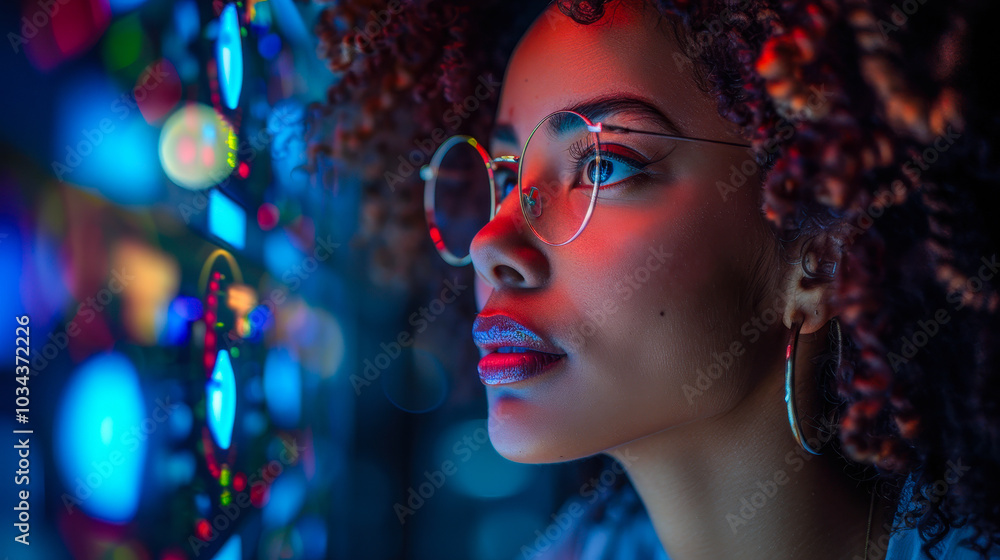 Side profile of black female IT developer working on computer in dark ...