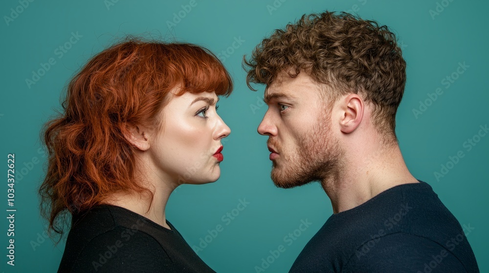 Husband and wife locked in a tense stare, clenched jaws and unresolved ...