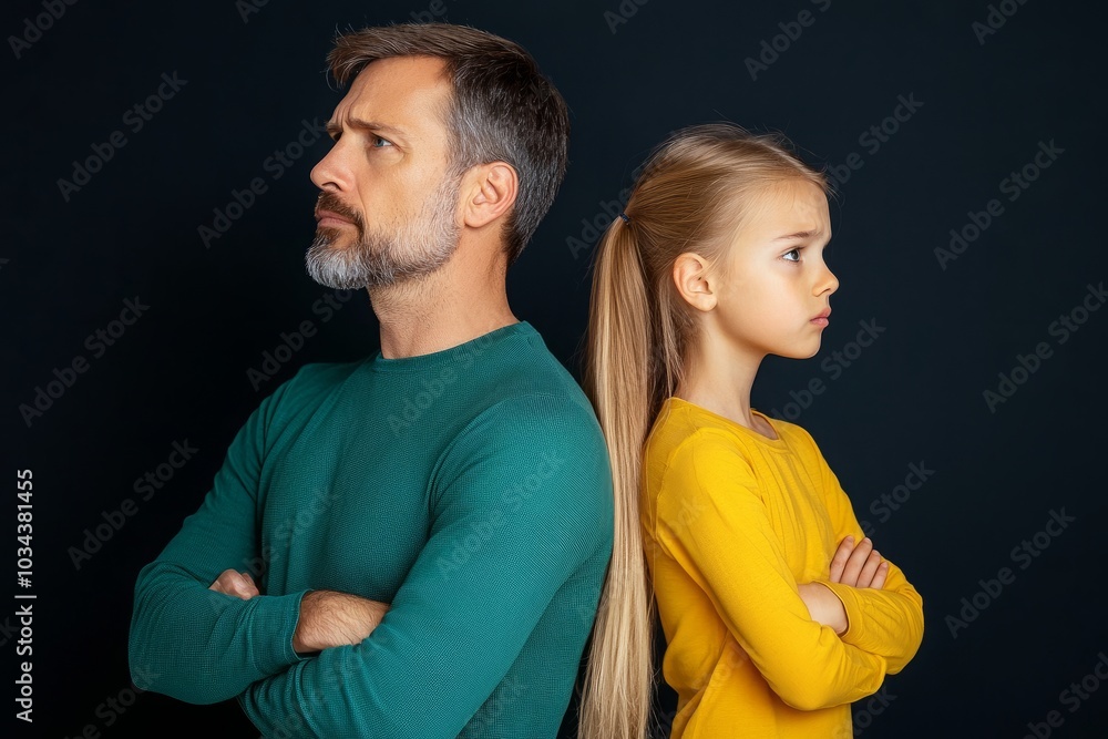 Frustrated father and daughter facing away from each other, arms ...