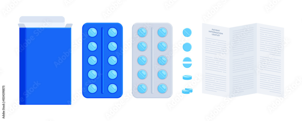 Set of blue pill packs with patient information leaflet. Healthcare ...