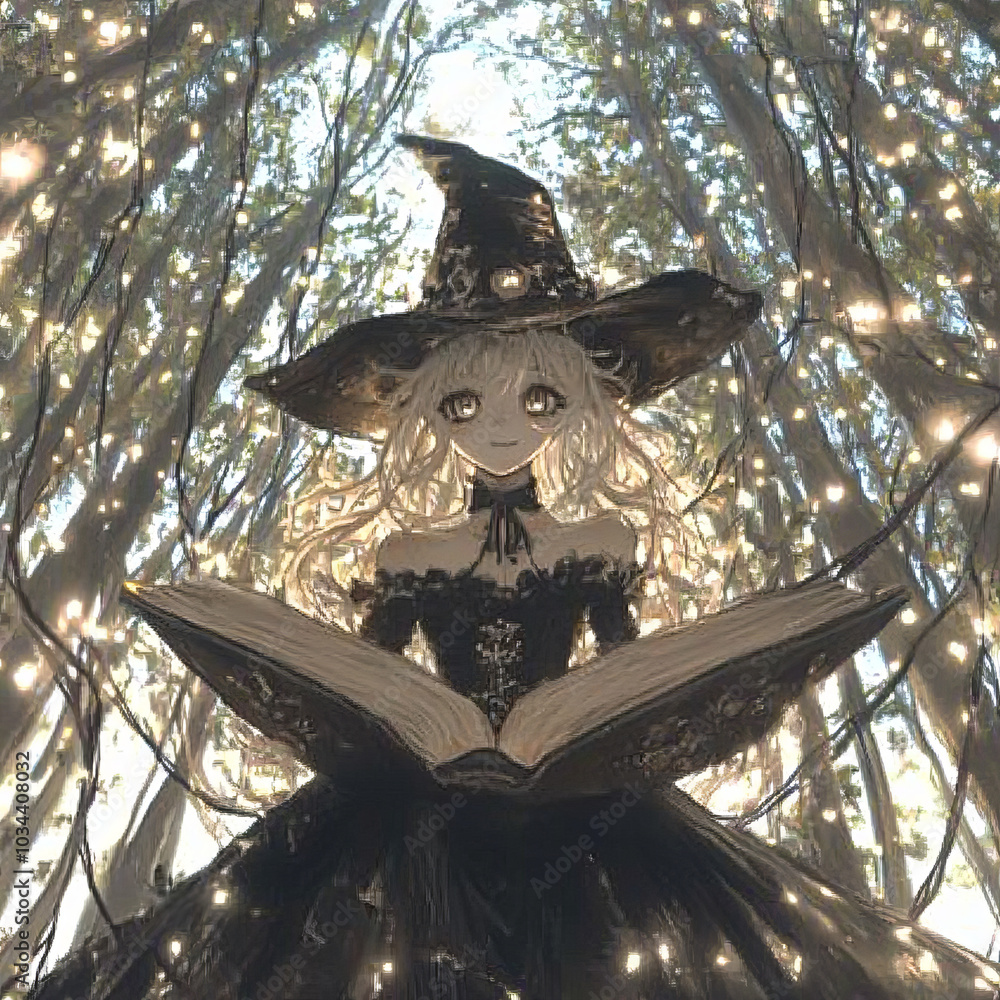 Anime-style witch reading a magical book in a glowing enchanted forest ...