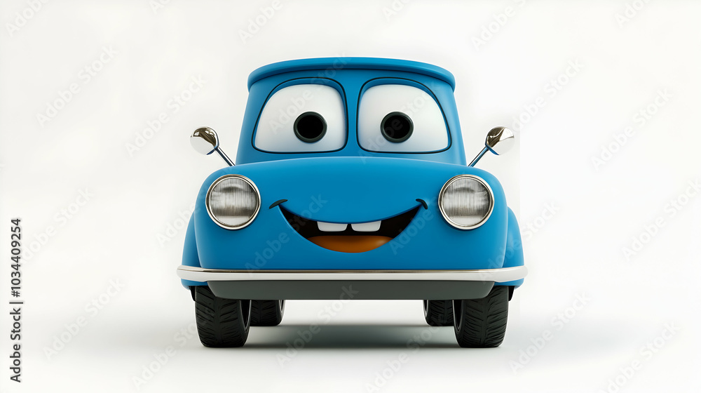3D rendering of a cute blue car with eyes and a mouth, smiling against ...