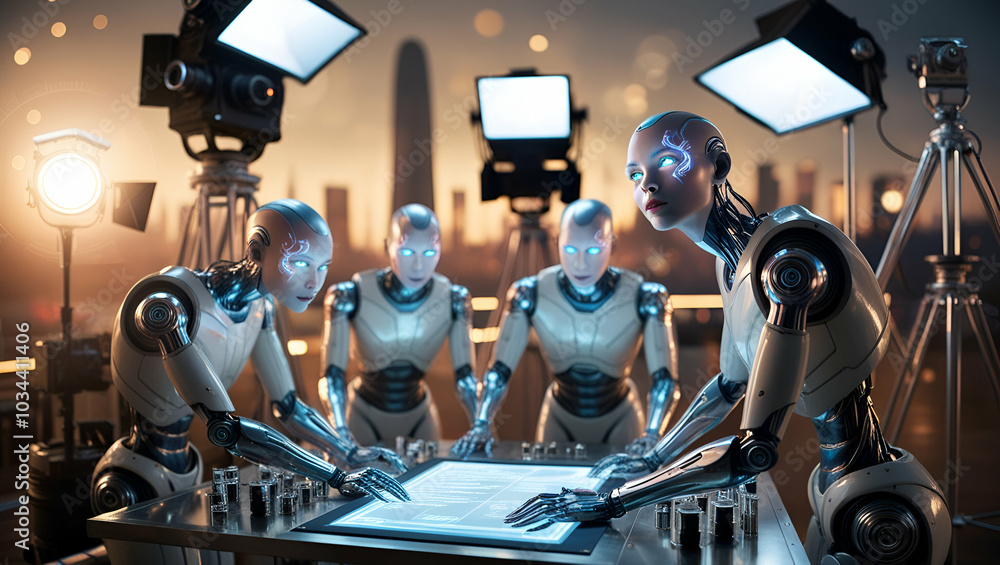 A dreamy, high-contrast bokeh effect photograph of a futuristic film ...