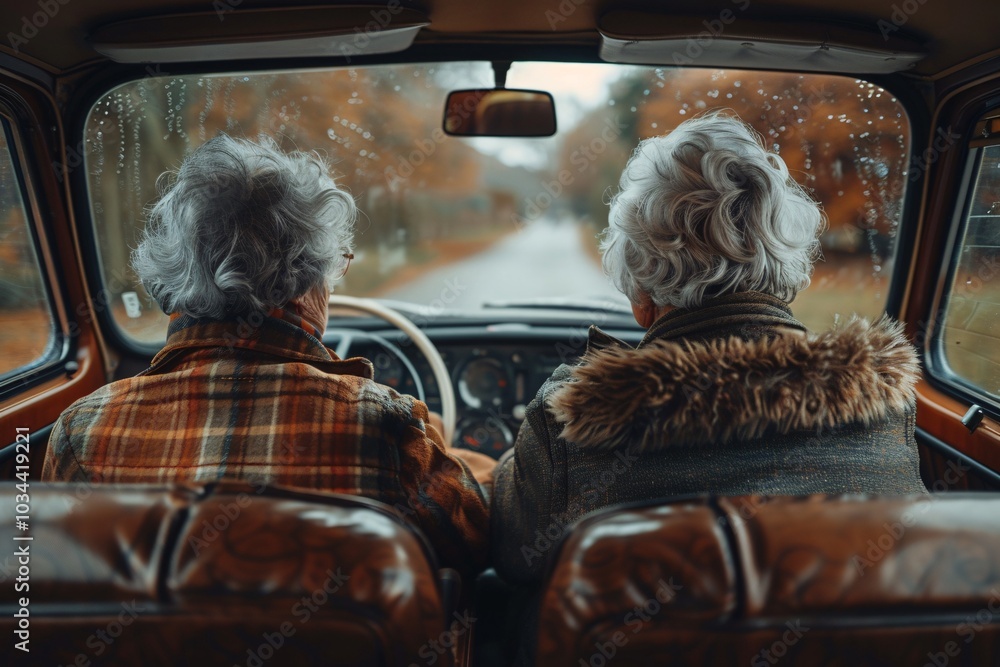 Two seniors sit in an old car, gazing forward as they navigate a ...
