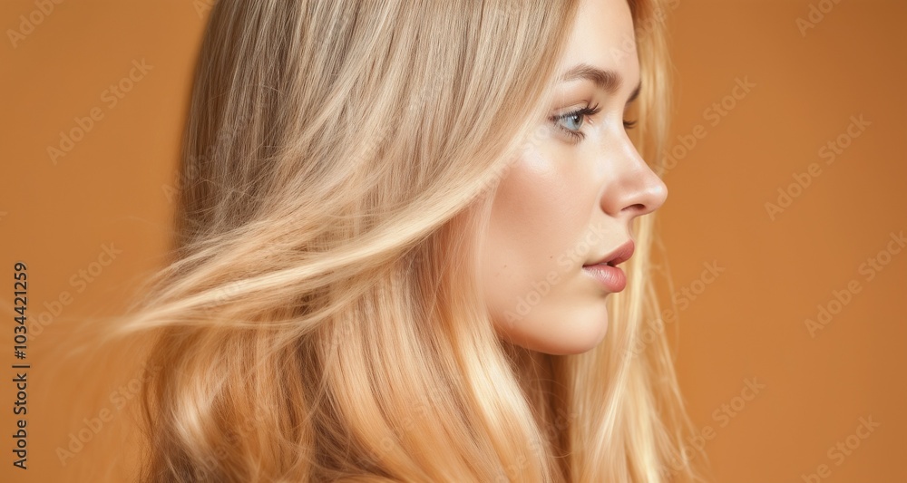 Side profile portrait of a woman with long, flowing blonde hair against ...