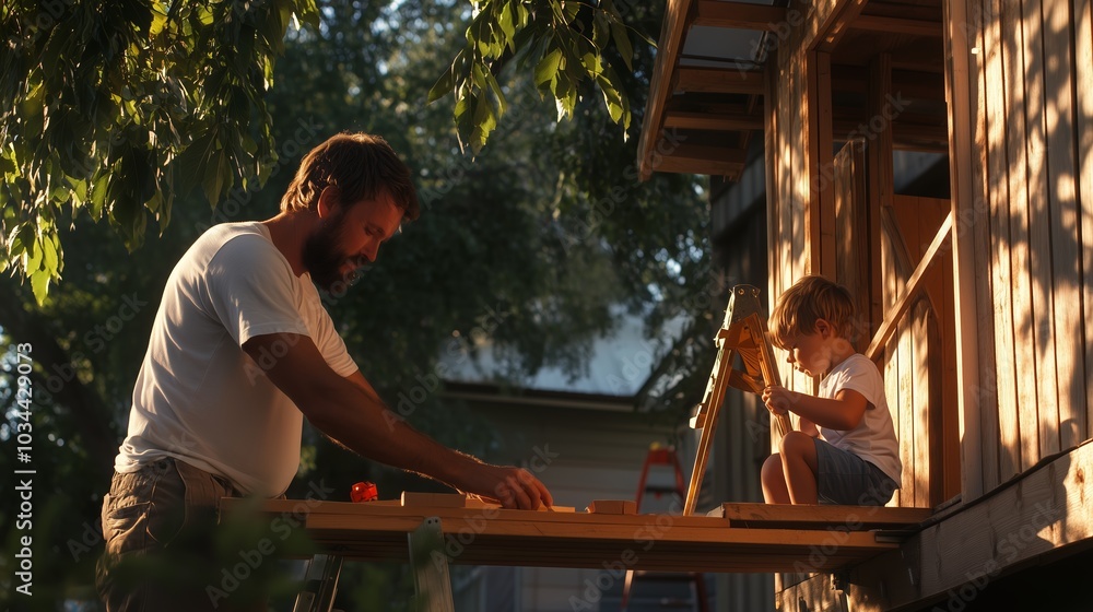 Father and son working together on a treehouse structure during golden ...