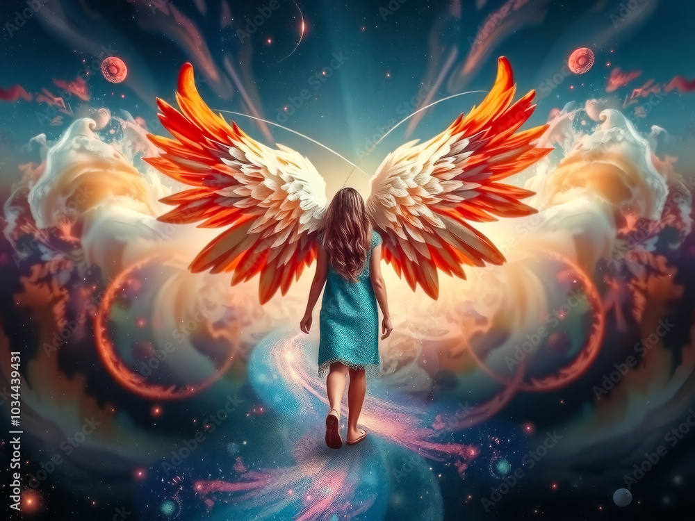A woman is walking through a galaxy with a winged angel. The image is a ...