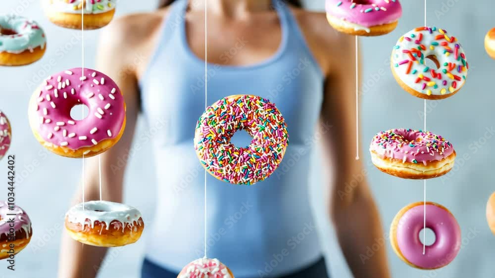 A fit woman surrounded by floating colorful donuts and candies in a ...
