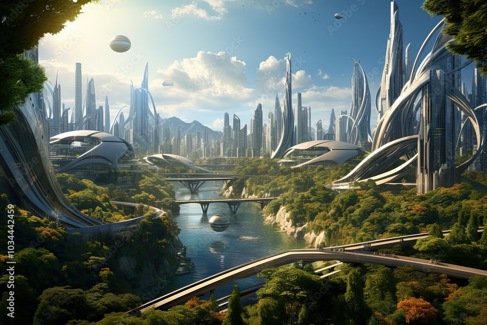 The skyline features towering futuristic buildings intertwined with ...
