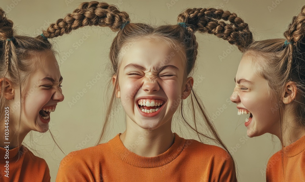 Creative trend collage of funny young girl toothy smile braids hair ...