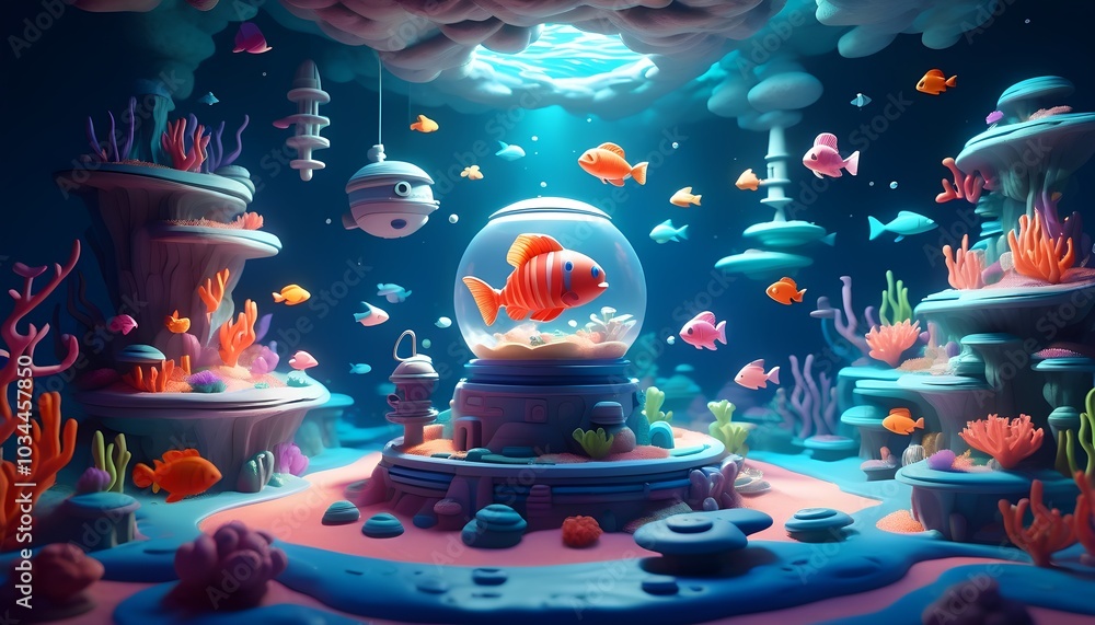 Deep-sea exploration pod floating among coral reef with colorful clay ...