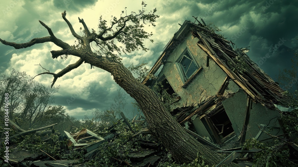 A close-up shot of a tree uprooted by a tornado, lying across a ...