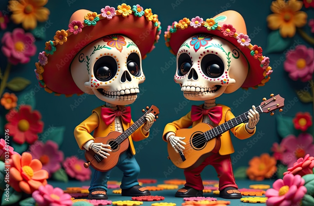 cartoon Dancing Skeletons in Traditional Mexican Outfits. Dia de los ...