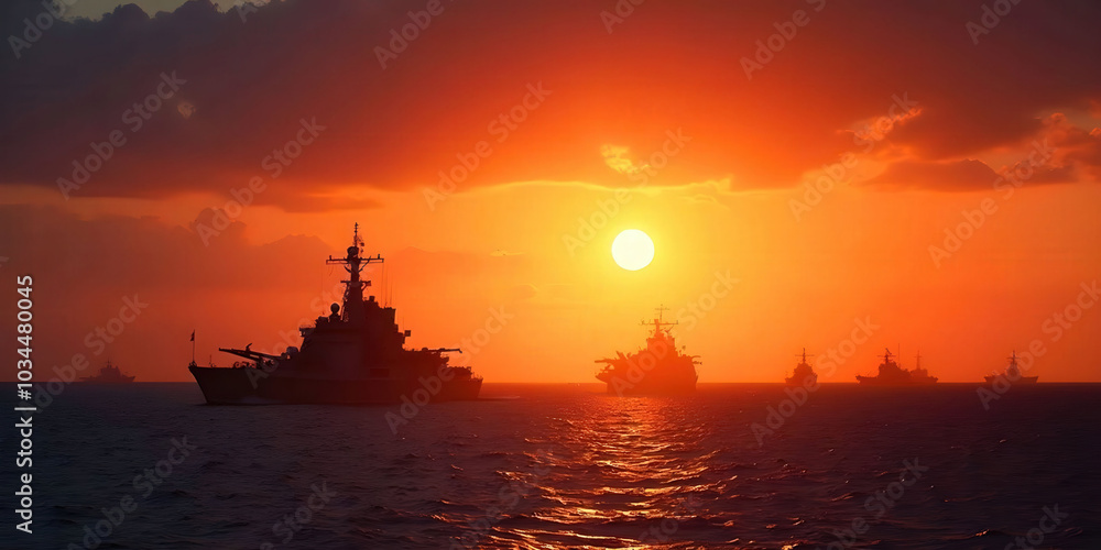 A majestic view of a naval fleet at sunset, with silhouettes of ships ...