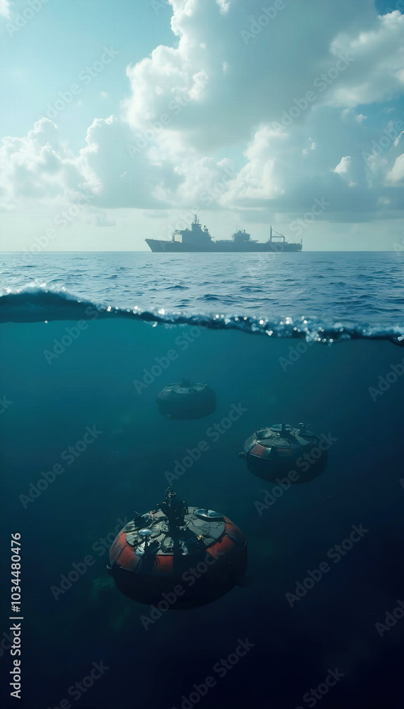 A cluster of naval mines in the water, floating ominously and creating ...