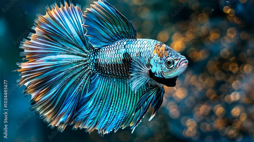 A blue and orange betta fish swims through a tank with an out-of-focus ...
