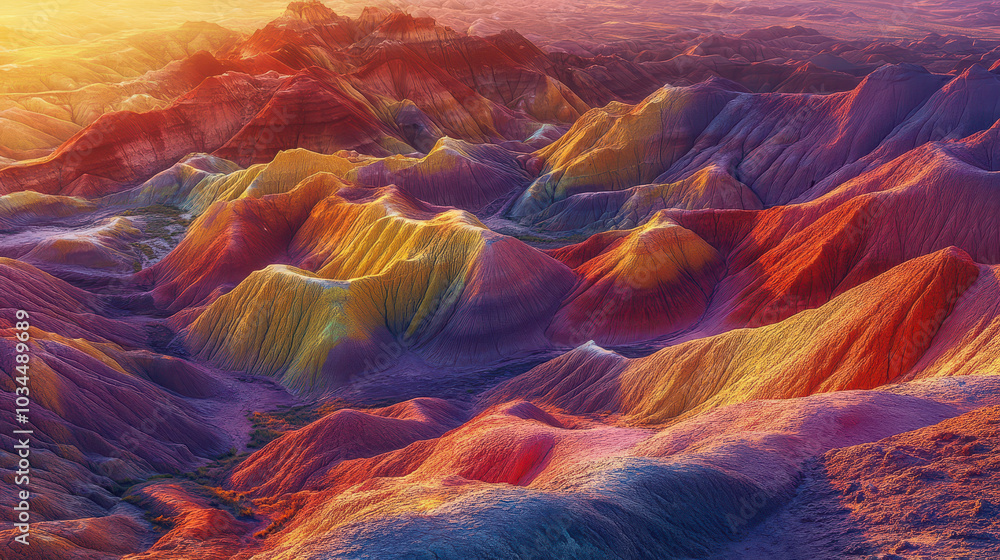 Vibrant Badlands at Golden Hour: Eroded Clay Hills with Textured Layers ...
