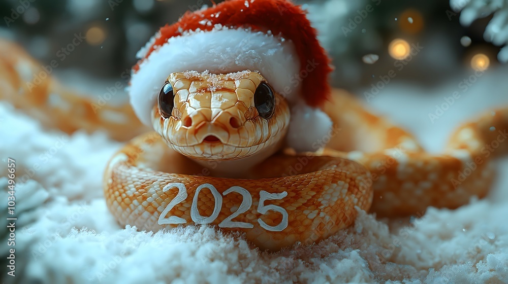 Cute snake wearing a hat on a winter background. 2025 Chinese New Year ...