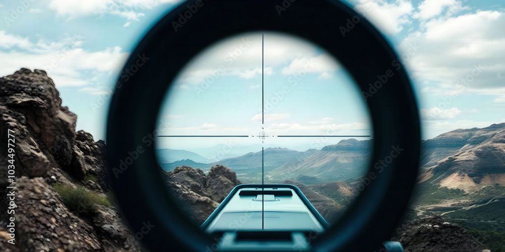 Sniper scope view capturing a point-of-view shot through a sniper rifle ...