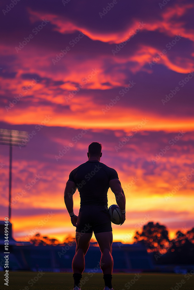 Against a breathtaking sunset, a rugby league player stands ready on an ...