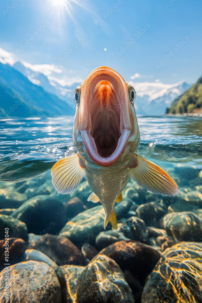 A fish shoots up from the water, its mouth wide open as sunlight gleams ...