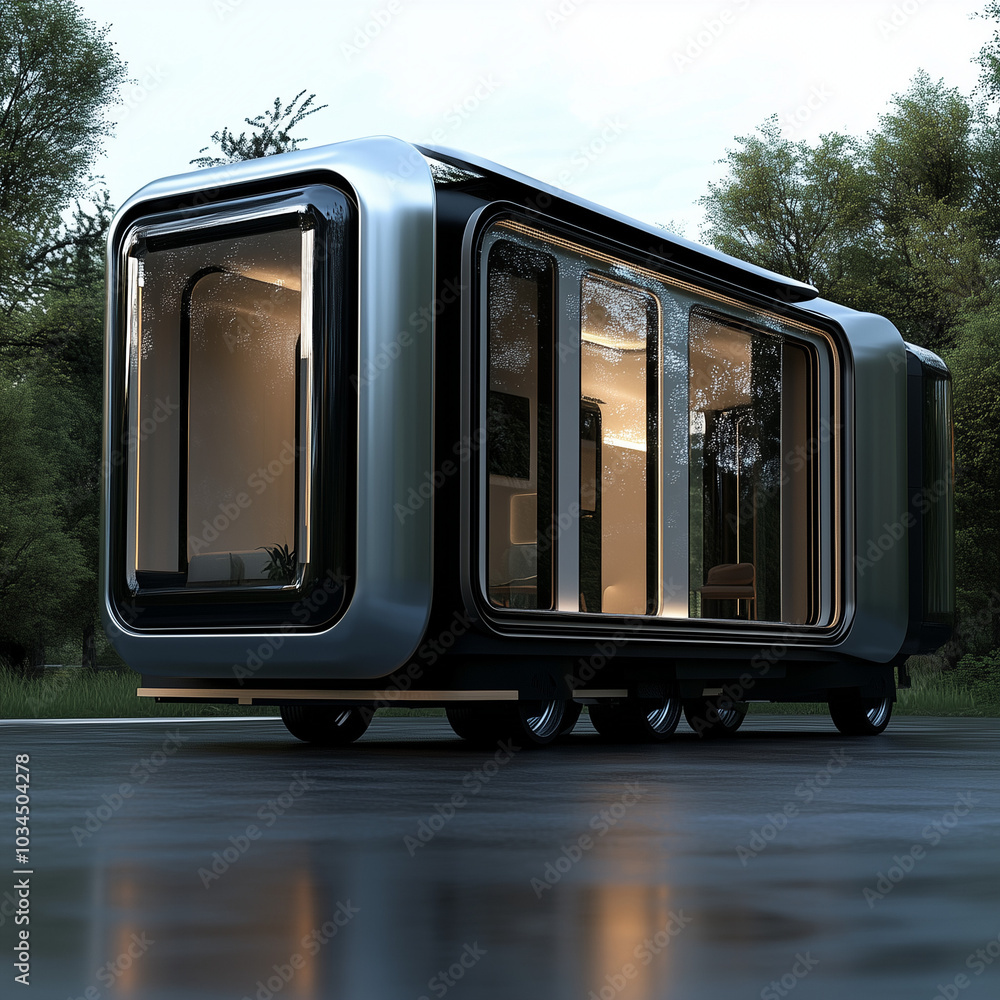 a futuristic mobile home, characterized by its sleek, glossy black ...