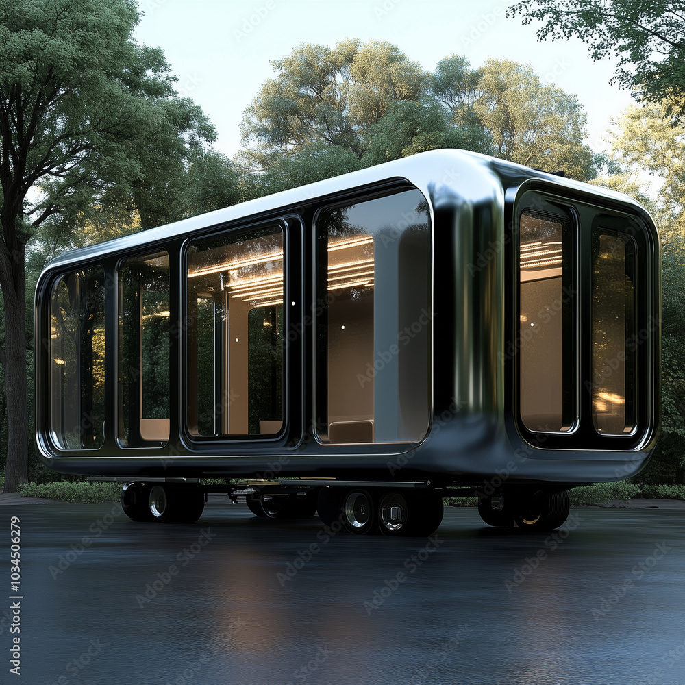 a futuristic mobile home, characterized by its sleek, glossy black ...