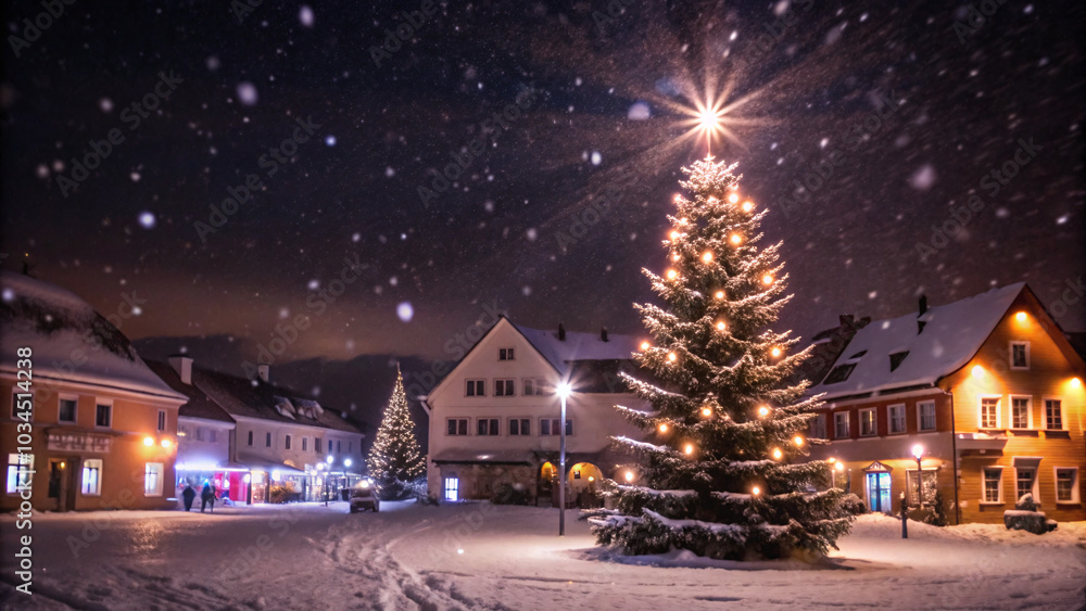 Snow-covered village at night, with glowing lights from windows, a tall ...