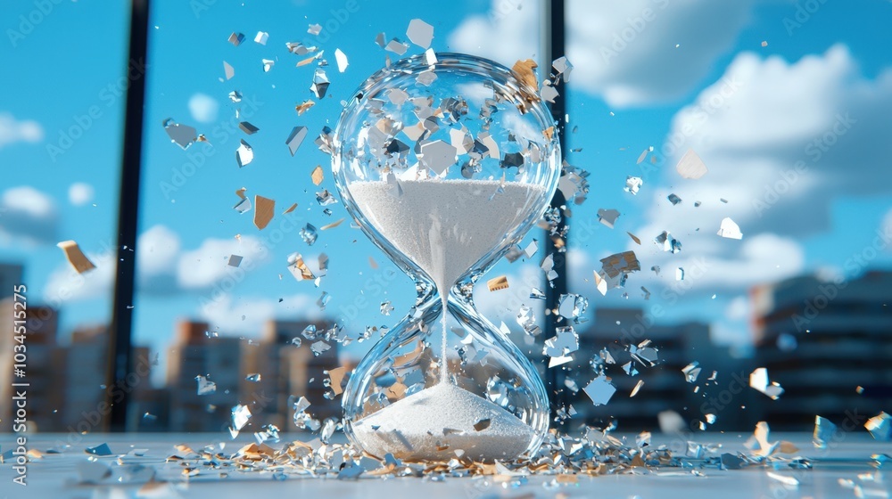 Shattered hourglass spills sand, symbolizing the chaotic experience of ...