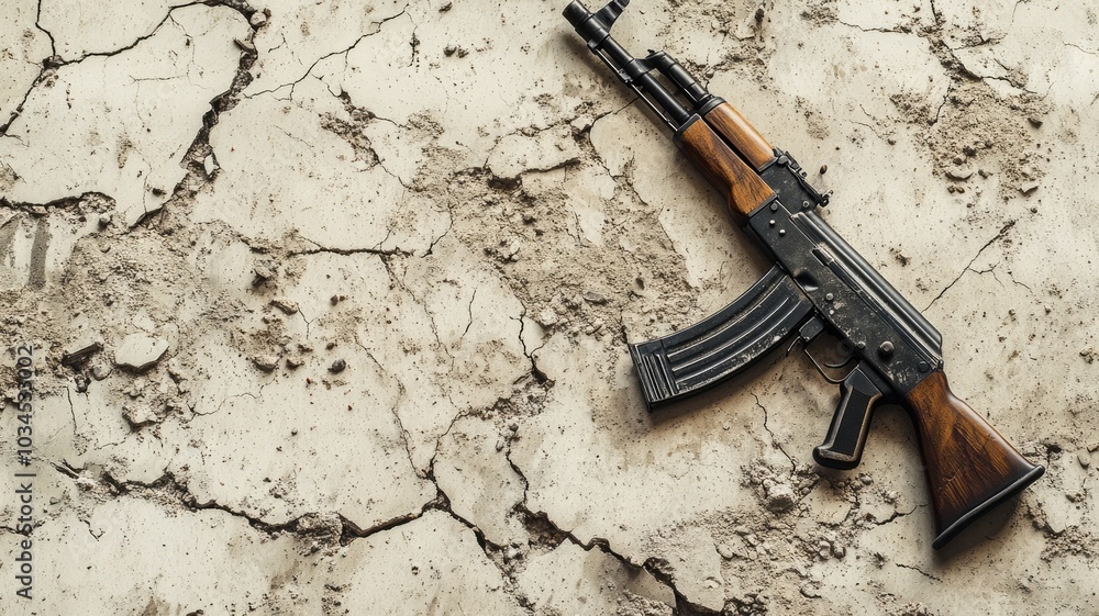 Photo Assault rifle on cracked, dry ground Represents war and conflict ...