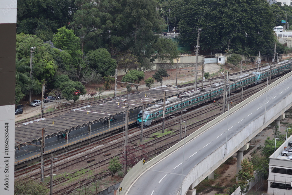 Modern green electric trains arriving and departing from a train ...