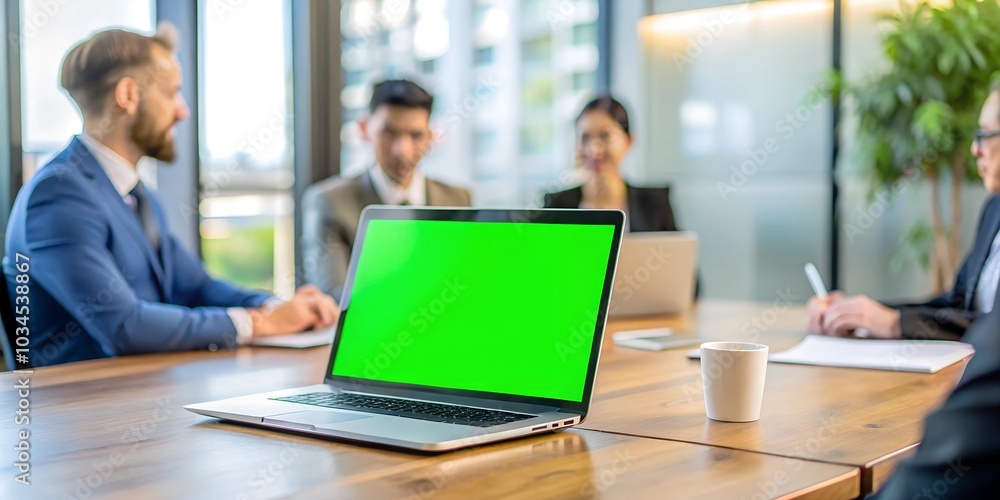 Laptop display with green screen background on an office desk while ...