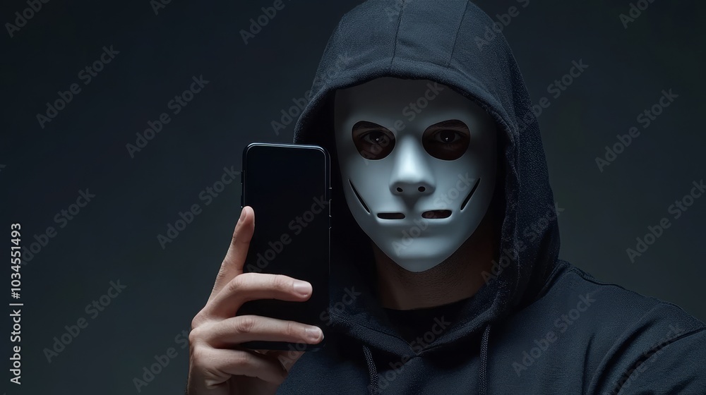 Masked Hacker Making a Call - Mysterious man in a white mask, black hoodie, holding a smartphone ...