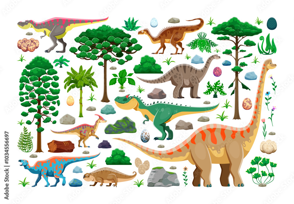 Cartoon prehistoric dinosaurs and vegetation vector set. Vibrant ...