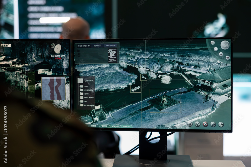 Military personnel working in reconnaissance control tower army base ...