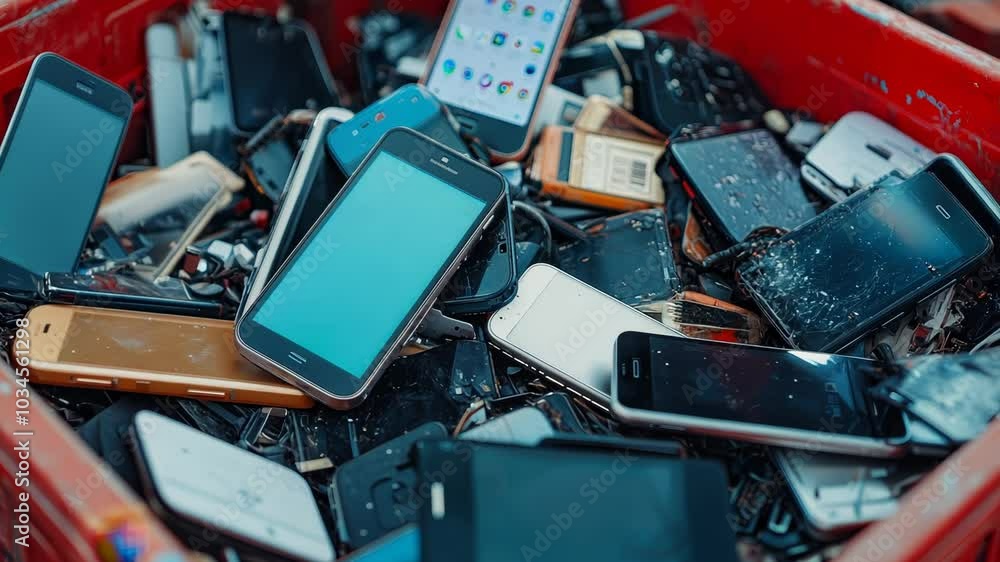 Old smartphones being discarded into a recycling bin, digital detox ...