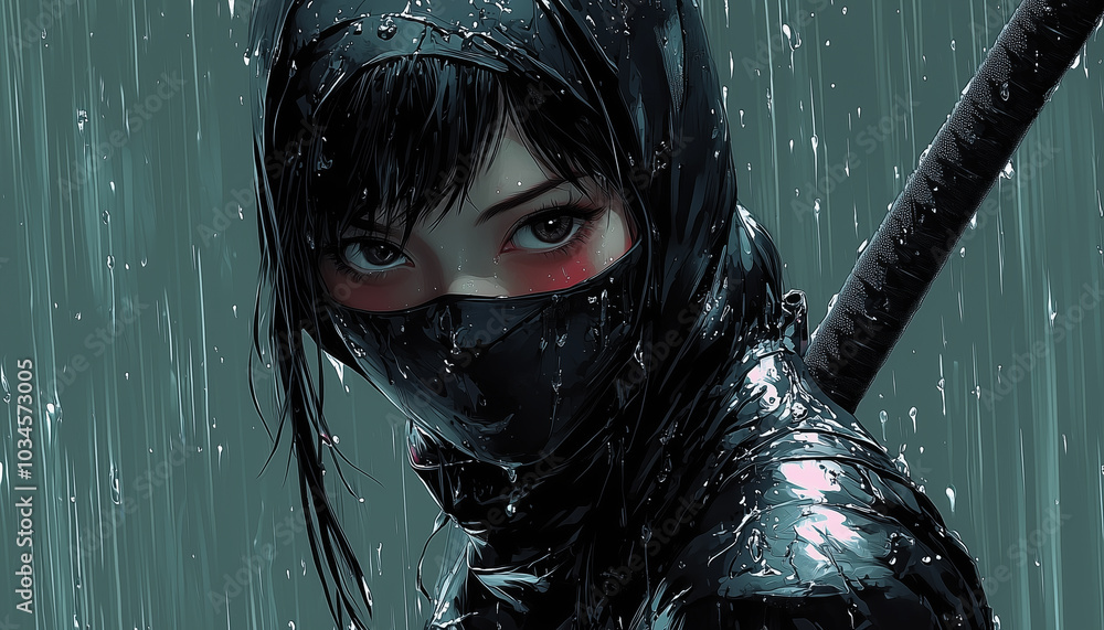 mysterious ninja girl in full black suit stands in rain, her intense ...