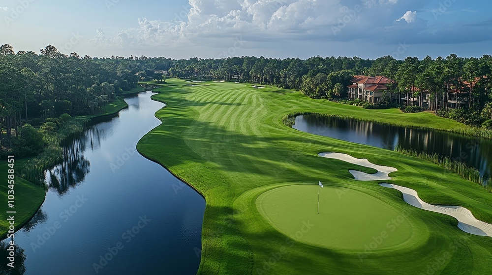 High-angle view of a soaring golf ball, heading towards the flagstick ...