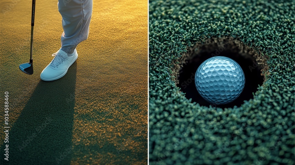 Top view of a golfer holding a club, preparing to putt, merged with a ...