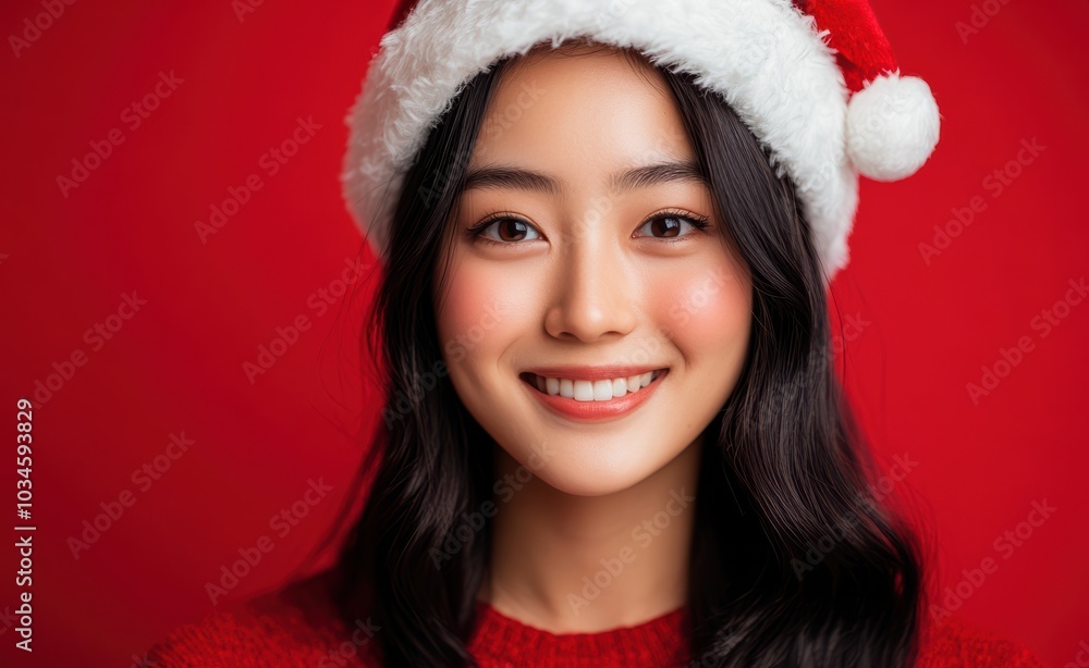 An Asian woman in a red attire stands against a matching red background ...